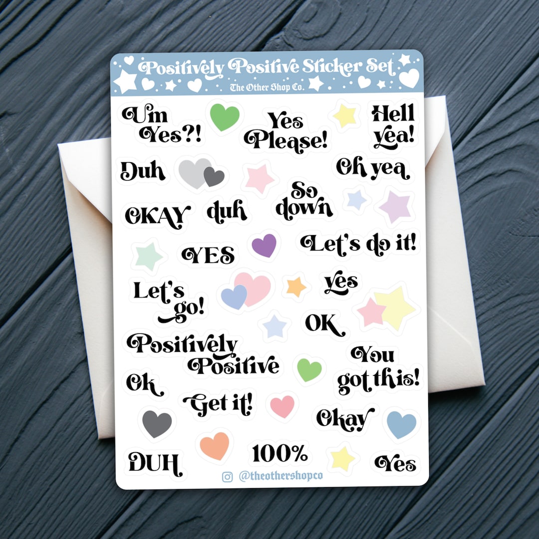 Positive Words Sticker Set, Fun Sticker Sheet, Hearts and Stars ...