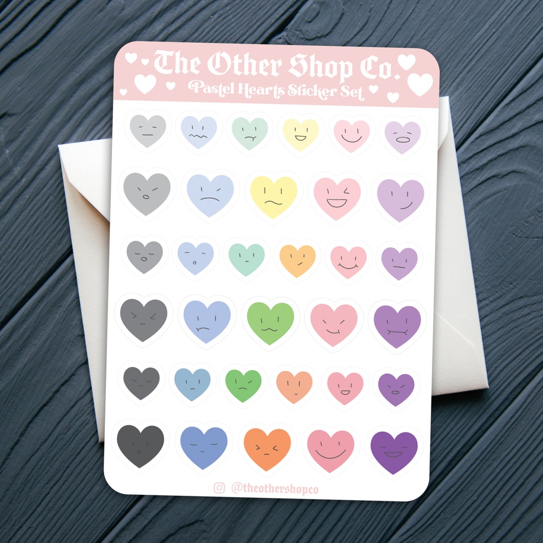 Smiley Face Pastel Hearts Sticker Sheet, Vinyl Heart Stickers, Heart ...