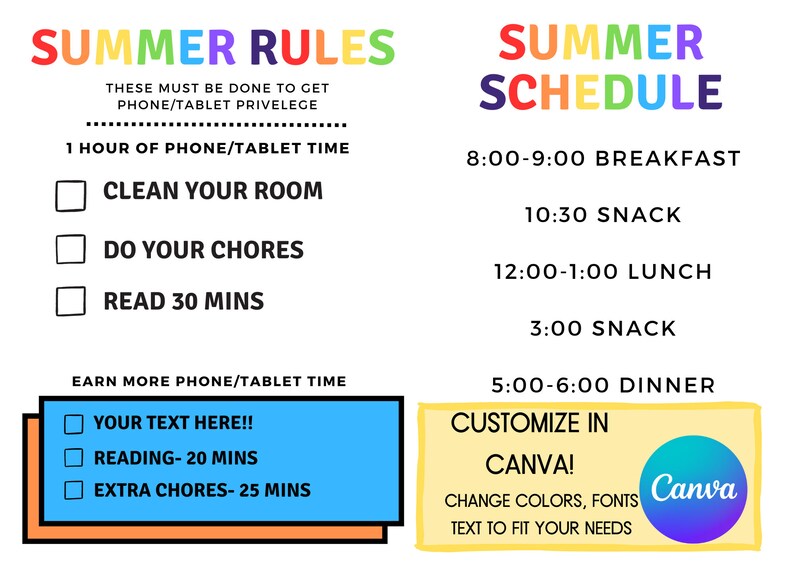 Kids Summer Schedule Chart Summer Chores Kids Chore Chart - Etsy