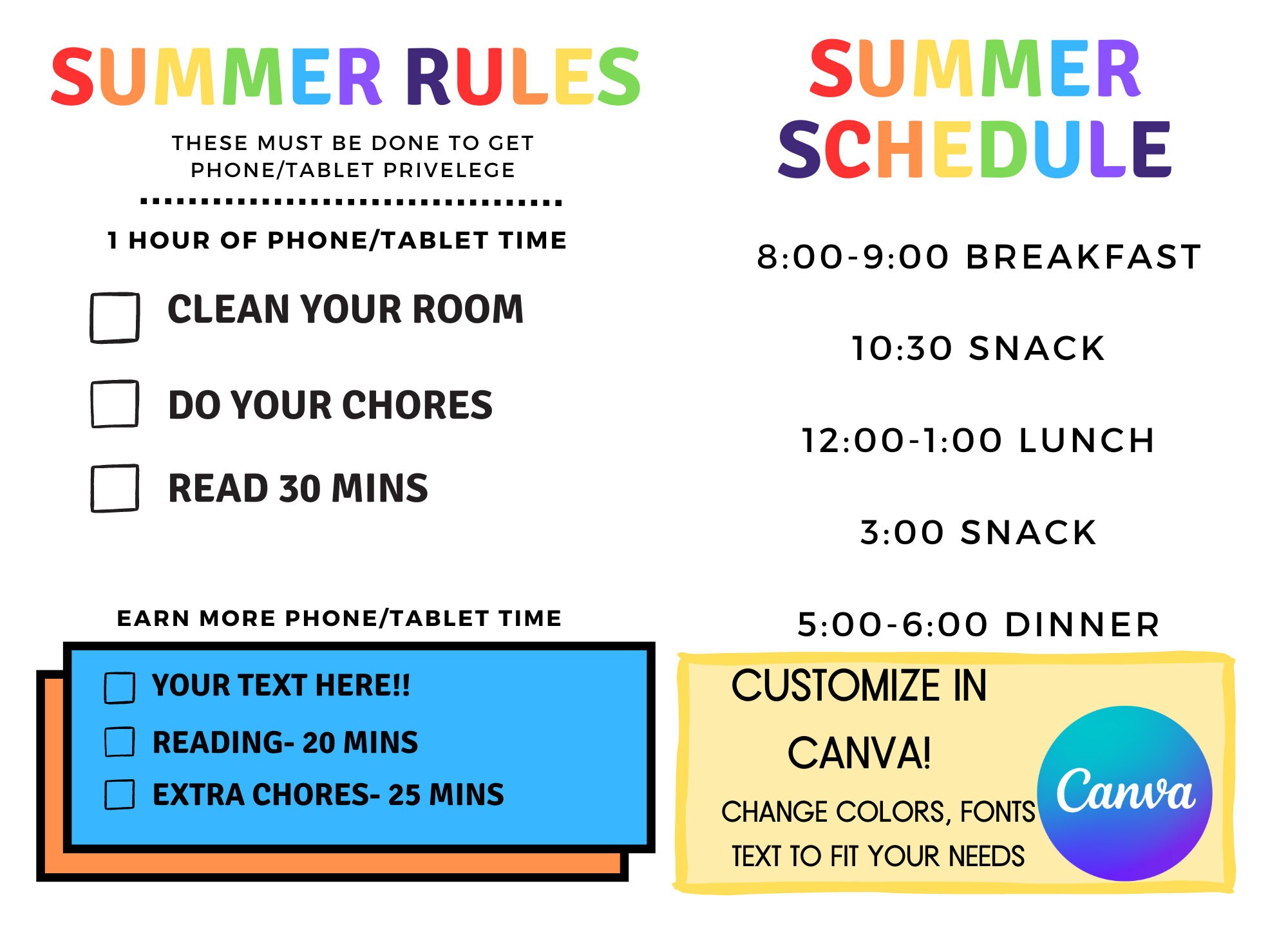 Kids Summer Schedule Chart, Summer Chores, Kids Chore Chart, Kids ...
