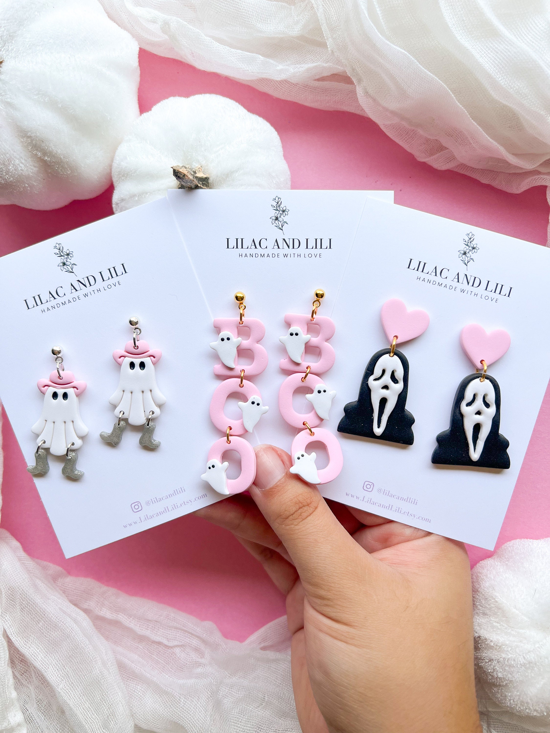Halloween Clay Earrings| Pink Halloween Clay Earrings| Pink Ghost ...