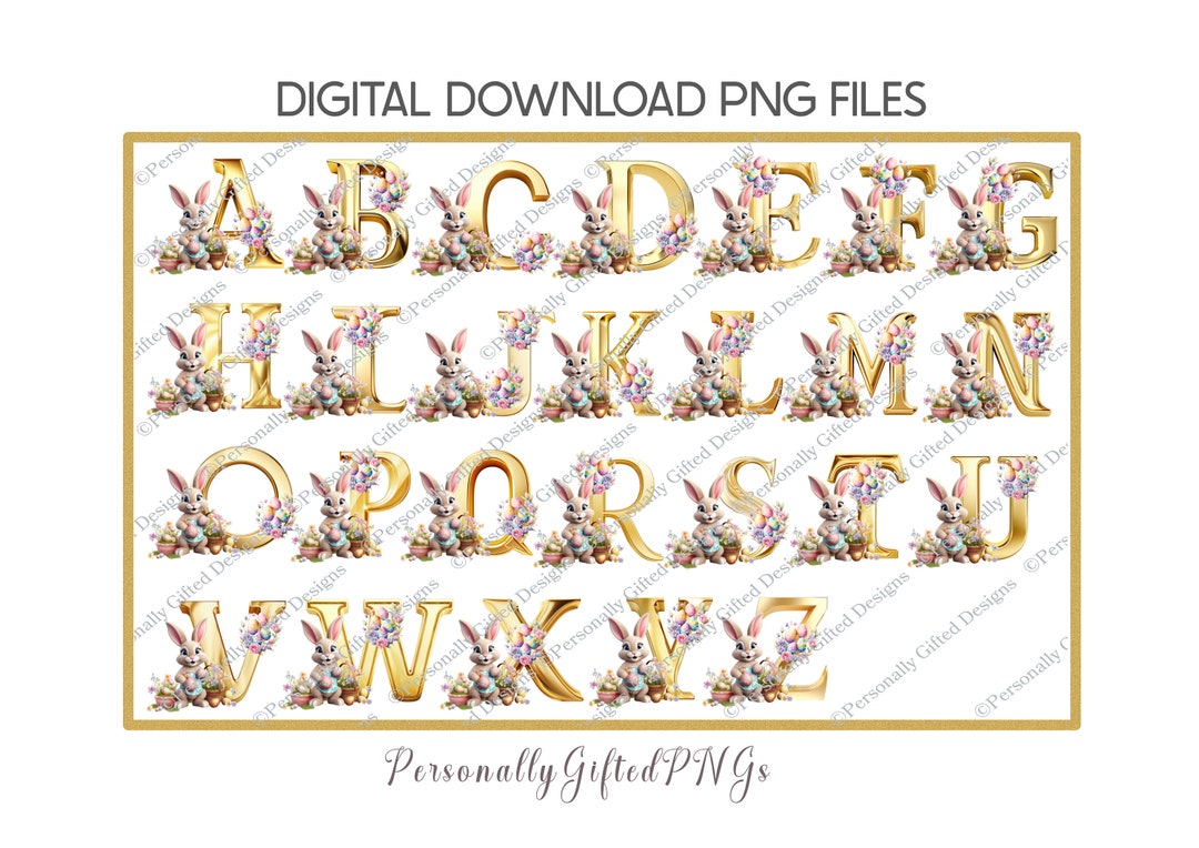 Bunny Alphabet Digital Download, 27 Pngs, Gold Bunny Alphabet PNG ...
