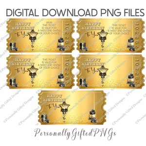 Gold Birthday Ticket Design Bundle Digital Download, 5 Pngs, Birthday ...