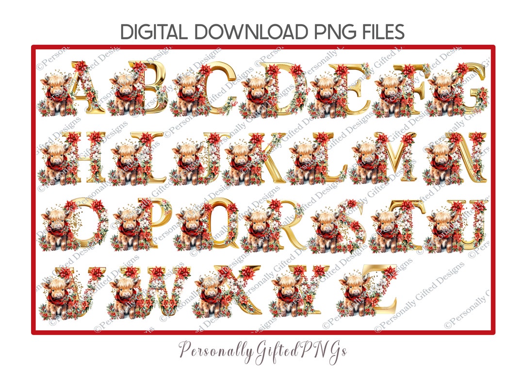 Christmas Highland Cow Alphabet Digital Download, 26 Pngs, Red & Gold ...