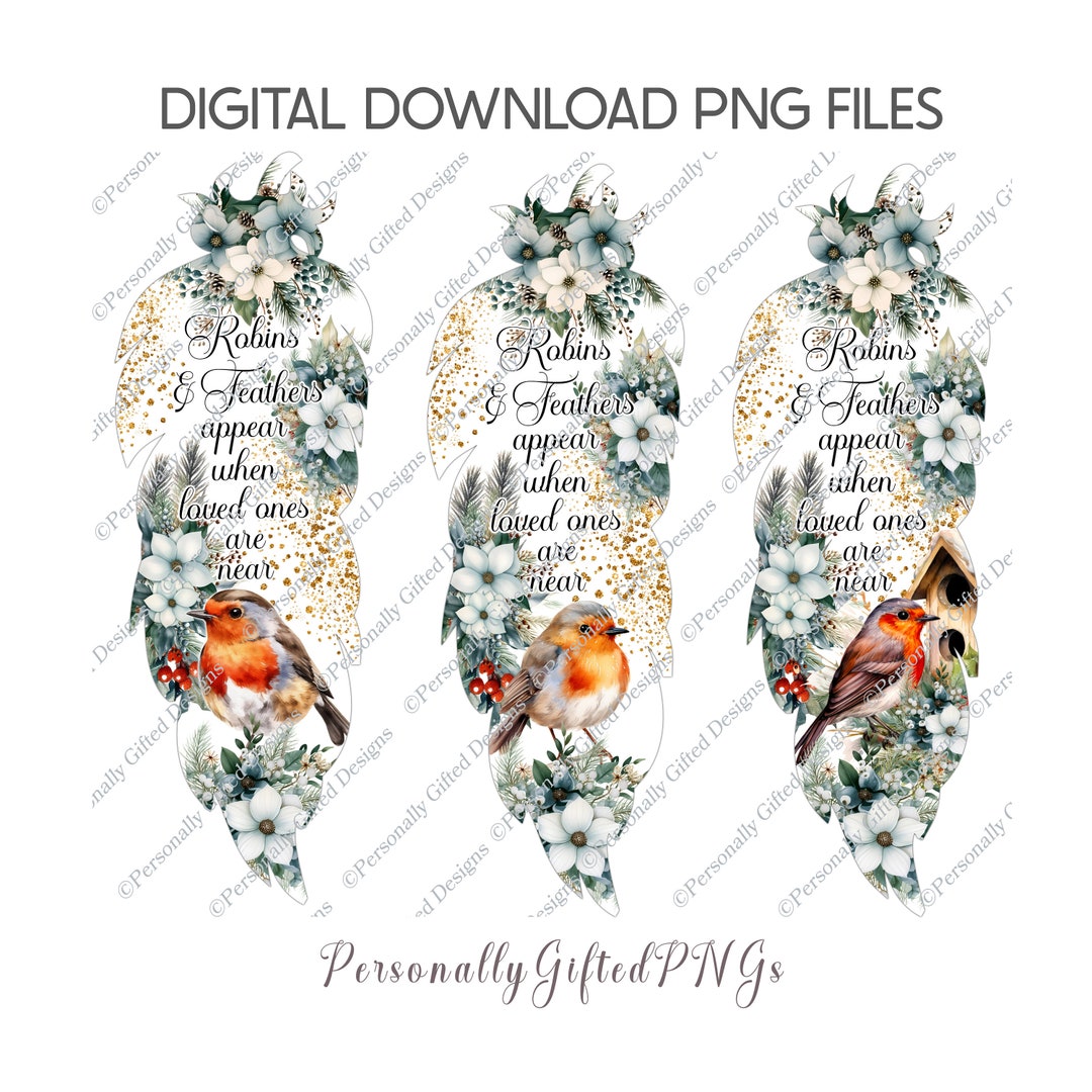 Feather Robin Design Bundle Digital Download, 6 Pngs, Christmas ...