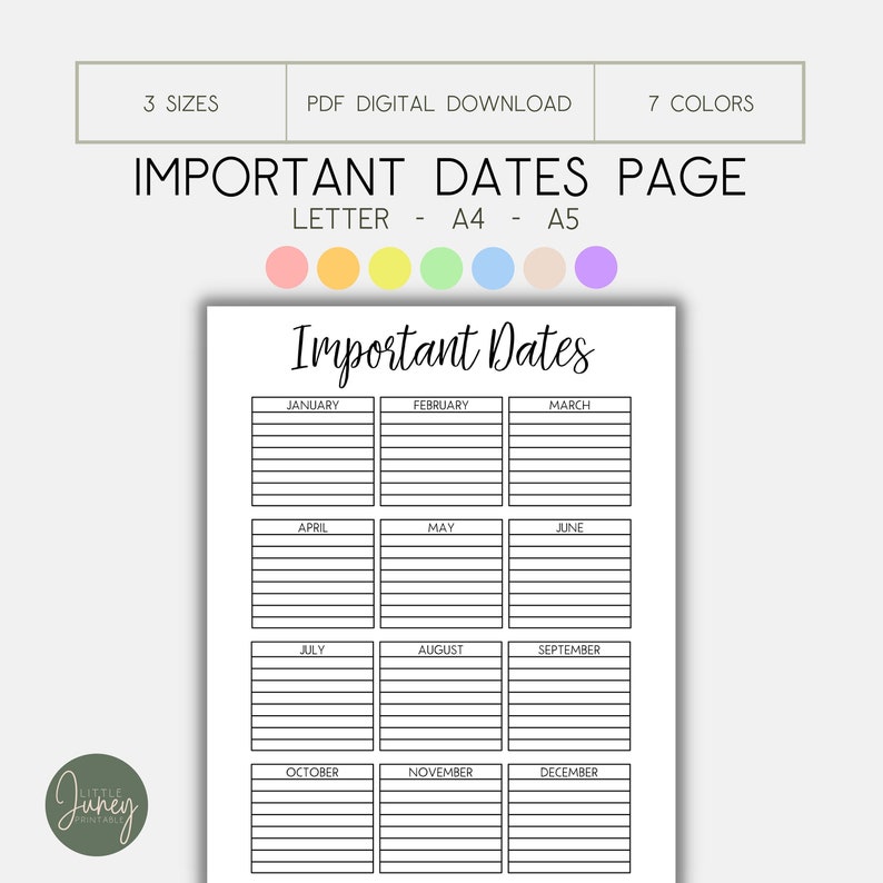 Printable Important Dates Page, Notebook Journal Page, Digital Download ...