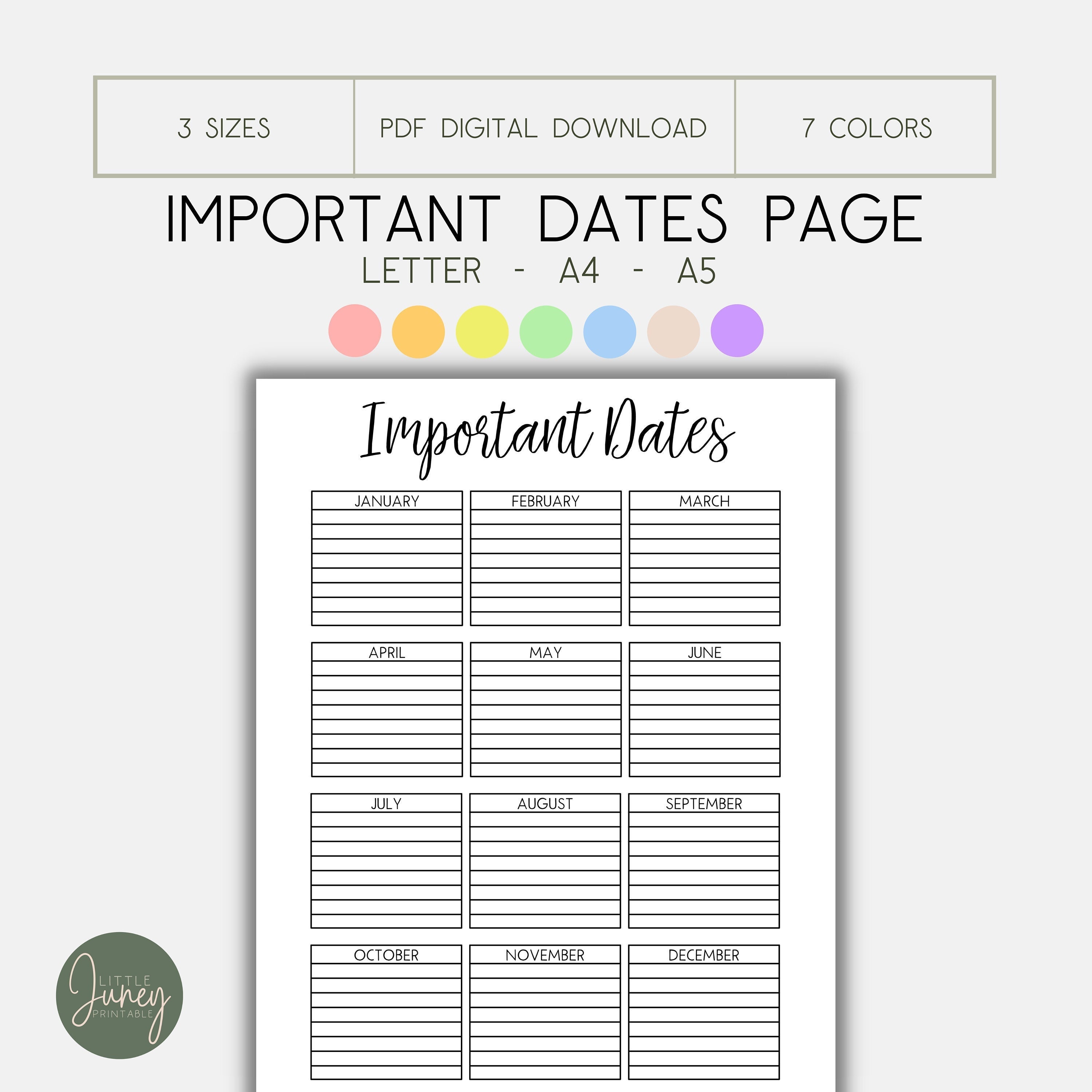 Printable Important Dates Page, Notebook Journal Page, Digital Download ...