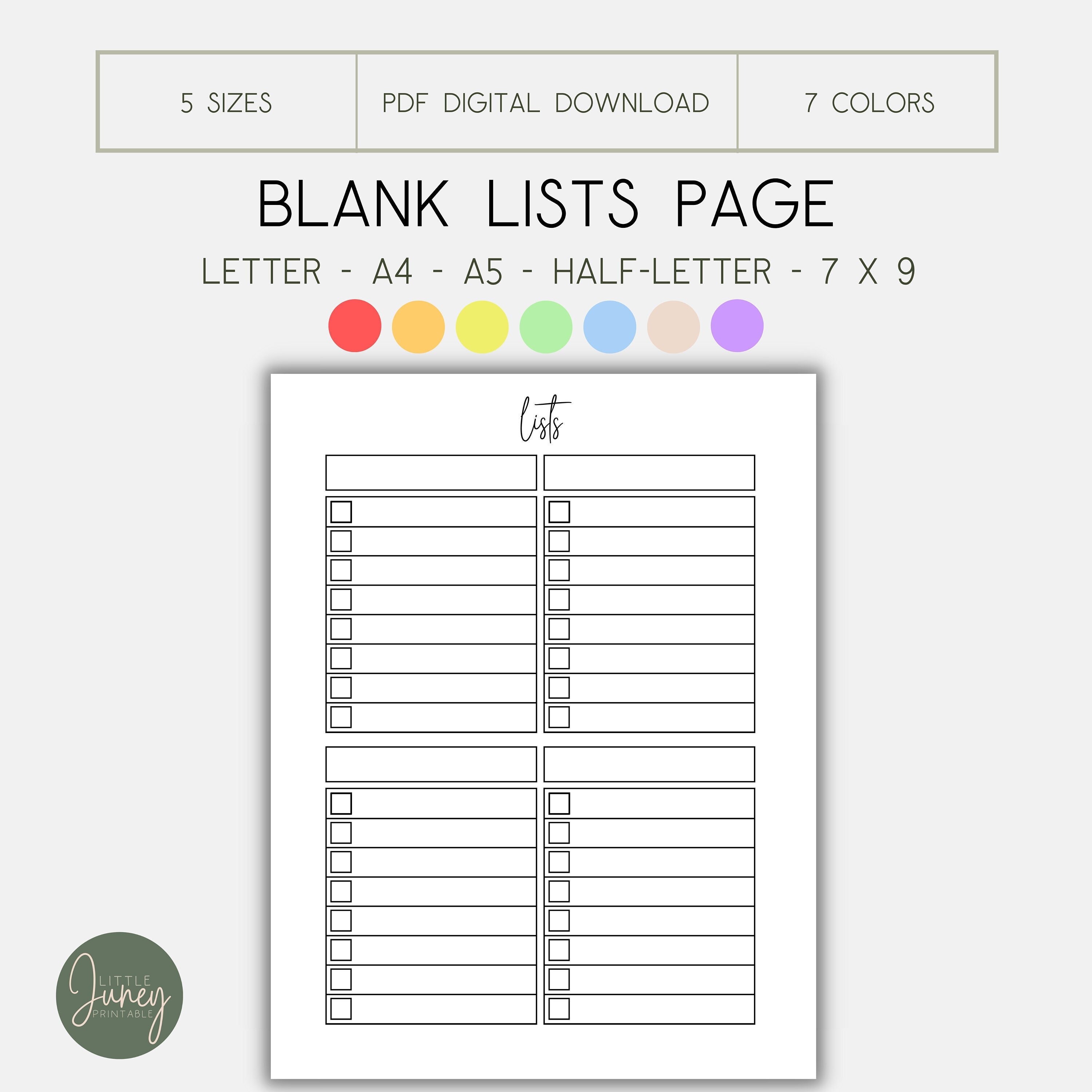 Printable Blank List Page, Blank Lists Page, Blank Lists, Digital ...