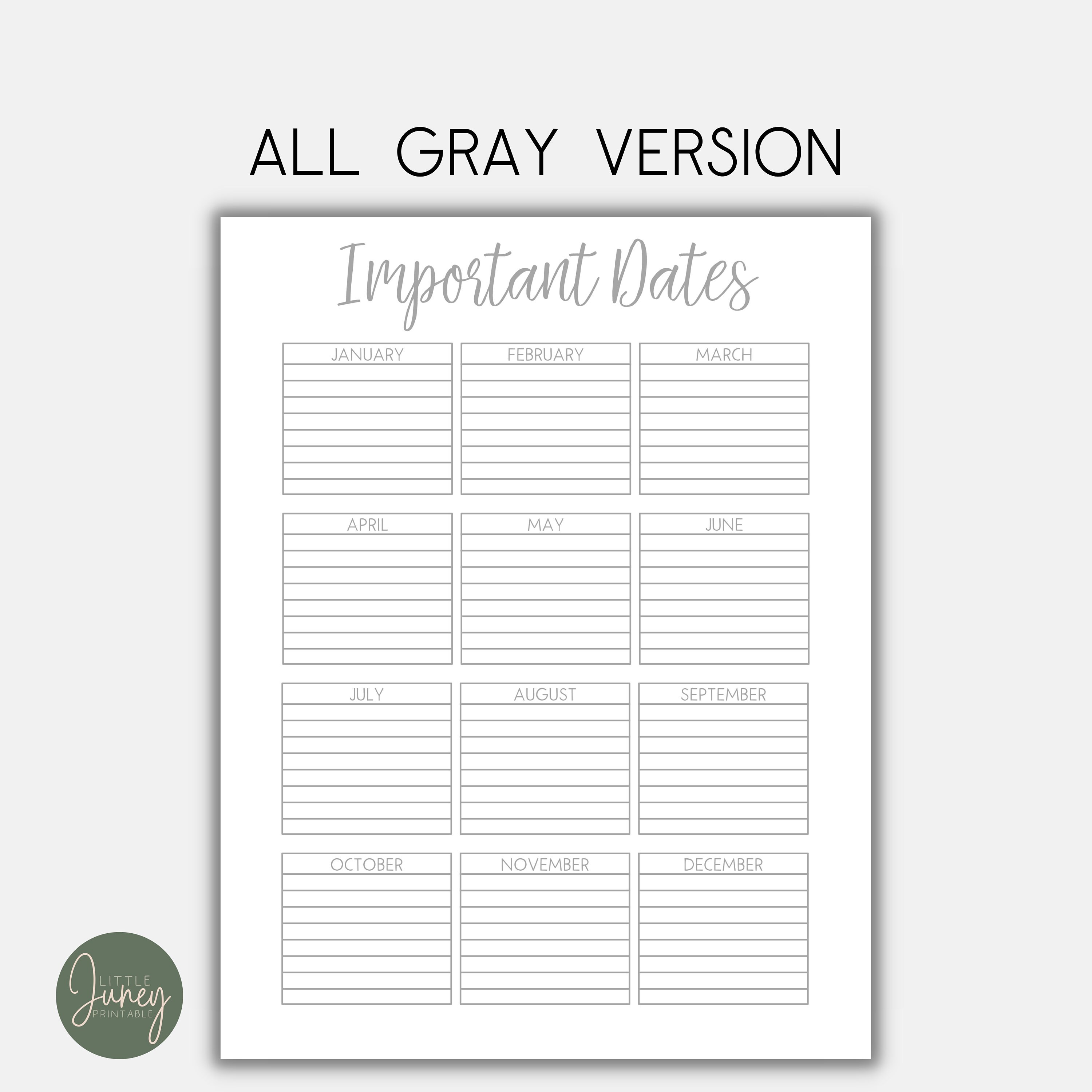 Printable Important Dates Page, Notebook Journal Page, Digital Download ...