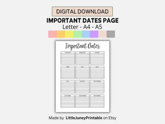 Printable Important Dates Page Notebook Journal Page Digital - Etsy