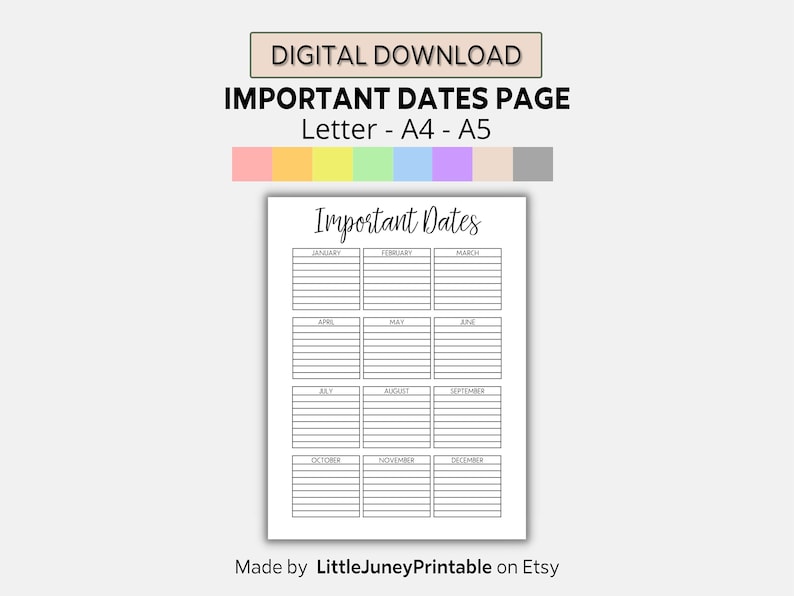 Printable Important Dates Page Notebook Journal Page Digital - Etsy