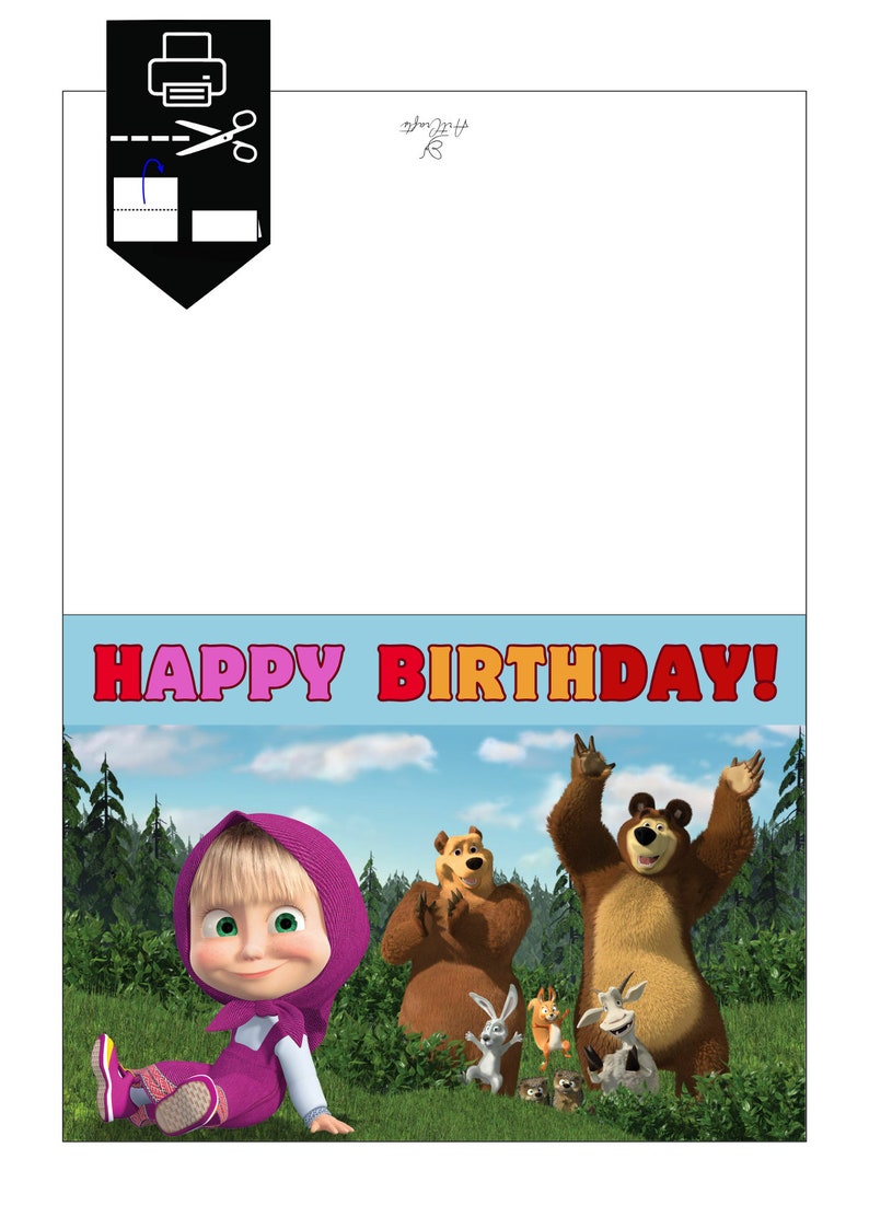 Printable Birthday Card With Masha and Bear, Printable Greeting Card ...