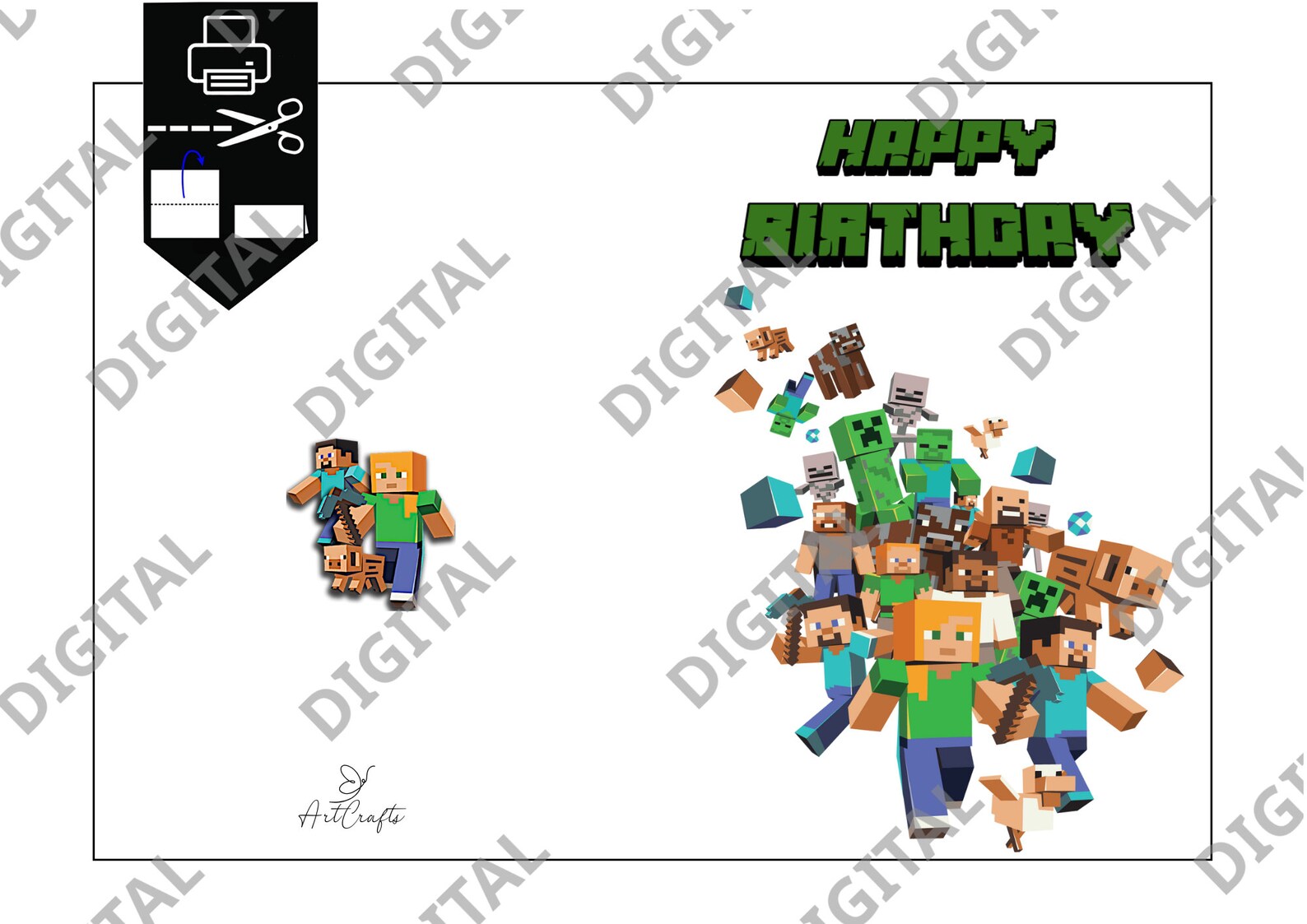 Birthday Card Minecraft Style to Print, Greeting Card, Download and ...