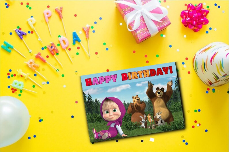 Printable Birthday Card With Masha and Bear, Printable Greeting Card ...