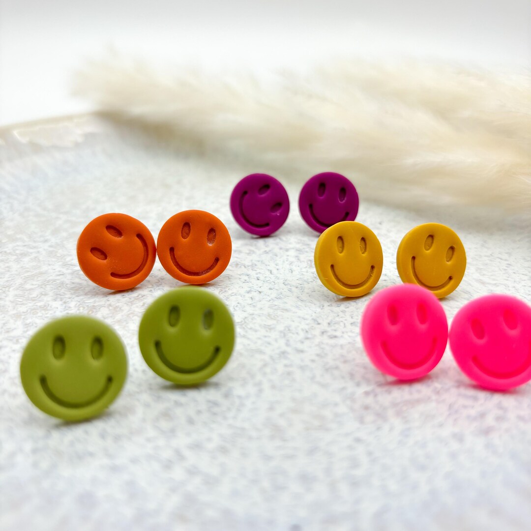 Happy Stud Earrings Smiley Stud Earrings Emojii Happy Lightweight Polymer Clay Earrings Handmade ...