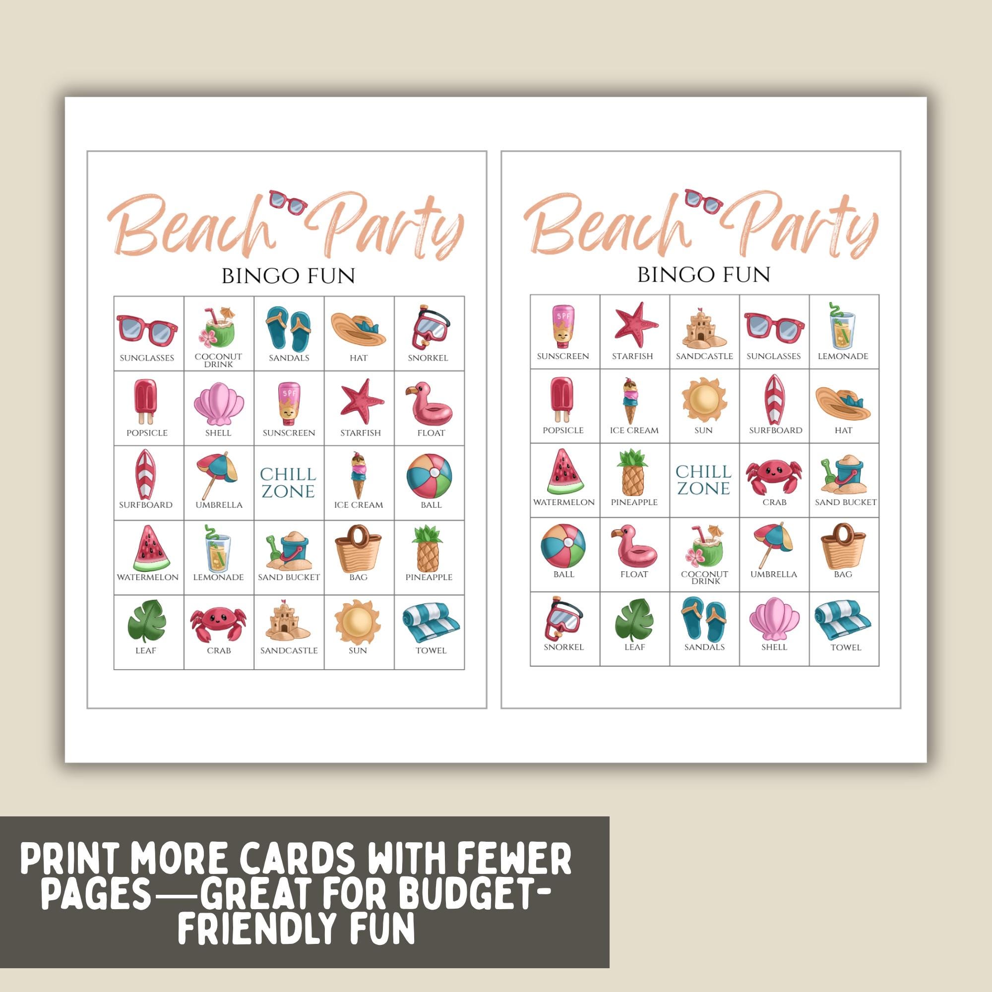 Beach Party Theme Bingo Game, Printable Summer Game for Beach ...