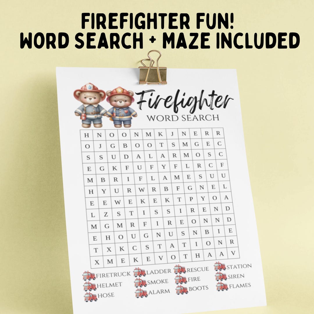 Firefighter Word Search Game & Maze Printable, Engaging Puzzle for Kids ...