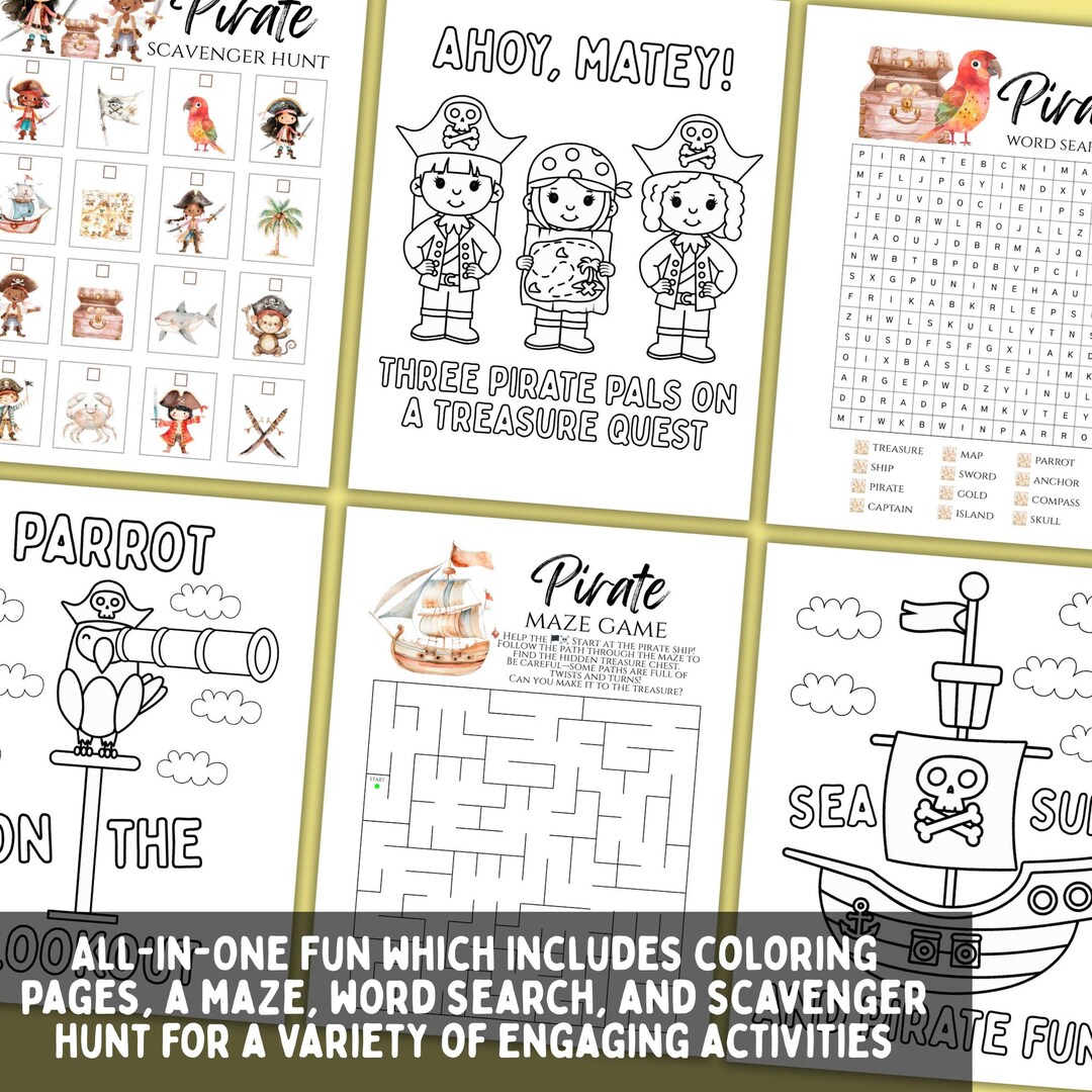 Pirate Activity Pack With Coloring Pages, Word Search, Maze & Scavenger ...