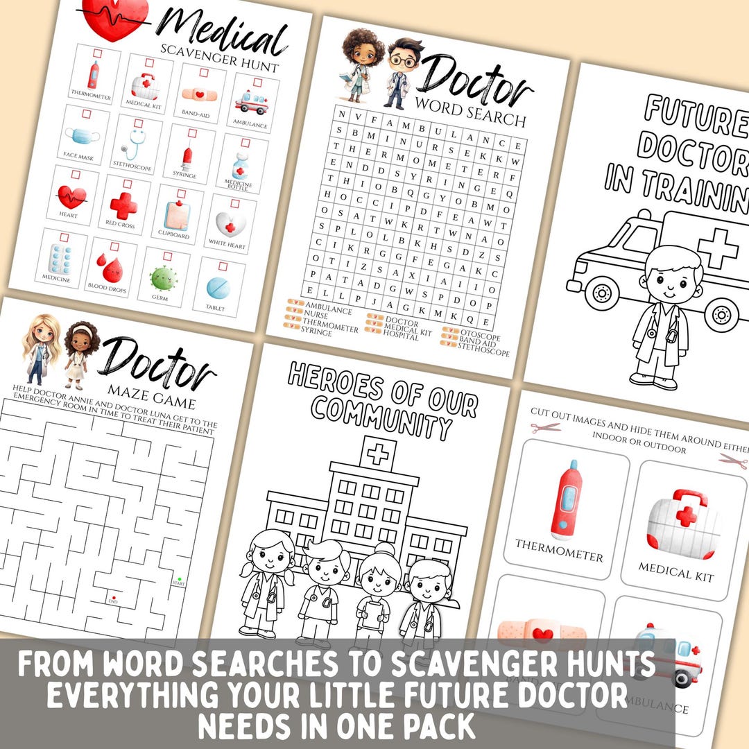 Kids Doctor Activity Pack Printable, Engaging Word Search Maze Coloring ...