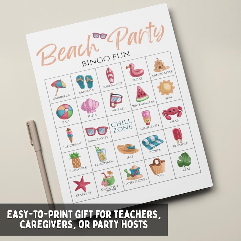 Beach Party Theme Bingo Game, Printable Summer Game for Beach ...