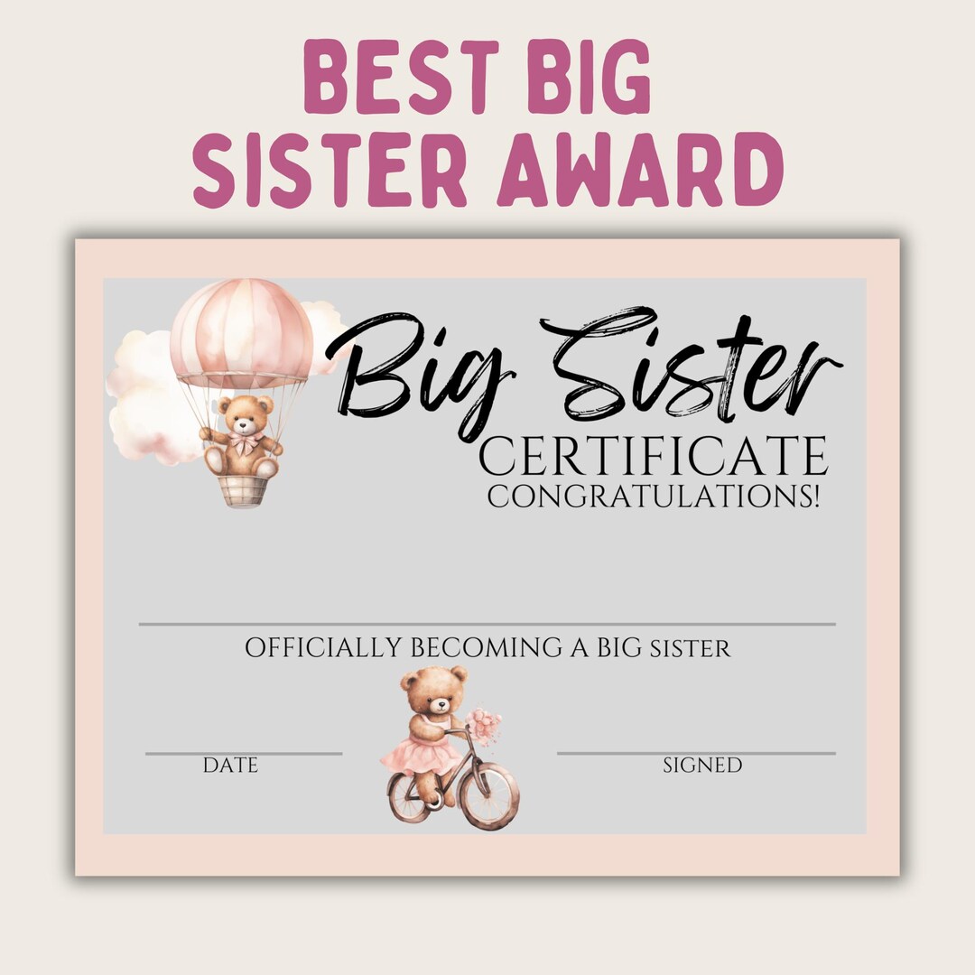 Big Sister Certificate - Cute and Colorful Design Celebrating Big ...