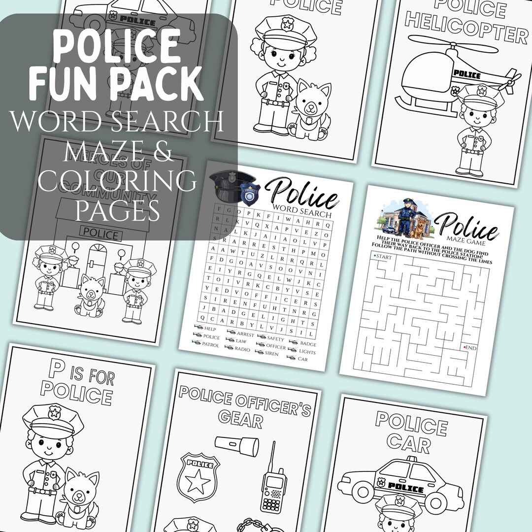 Police Themed Activity Pack - Word Search, Coloring Pages & Mazes for ...