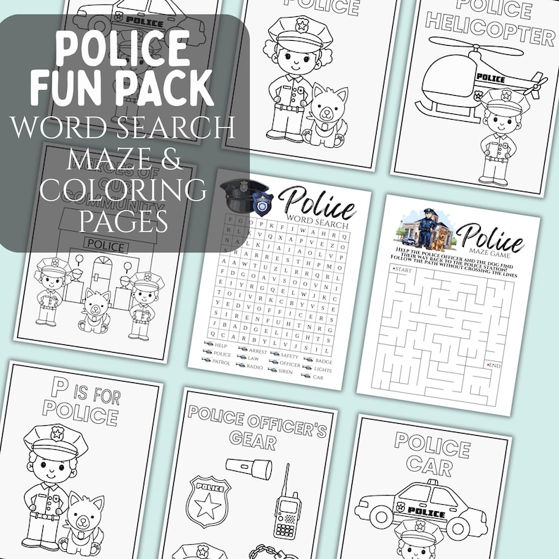 Police Themed Activity Pack - Word Search, Coloring Pages & Mazes for ...