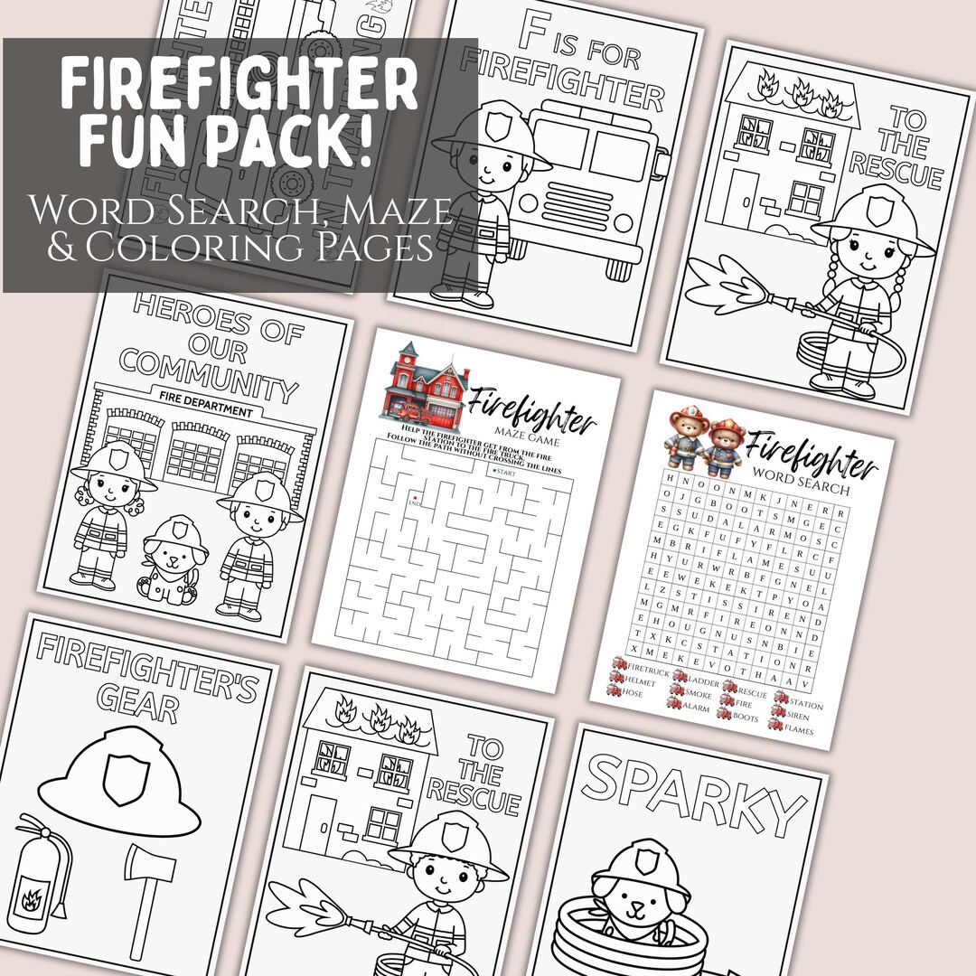 Firefighter Kids Activity Pack Including Word Search Maze and Coloring ...