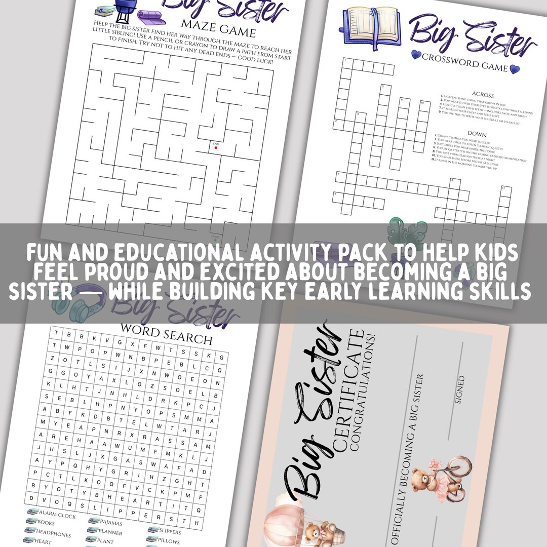 Big Sister Activity Pack Printable With Crossword, Maze & Certificate ...