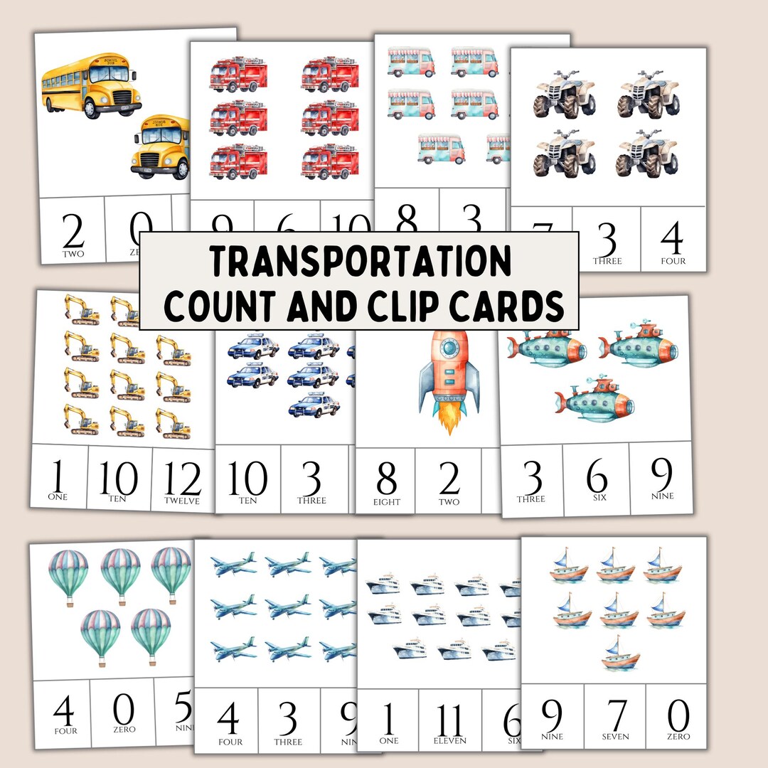 Transportation Count and Clip Cards, Educational Vehicle Learning ...