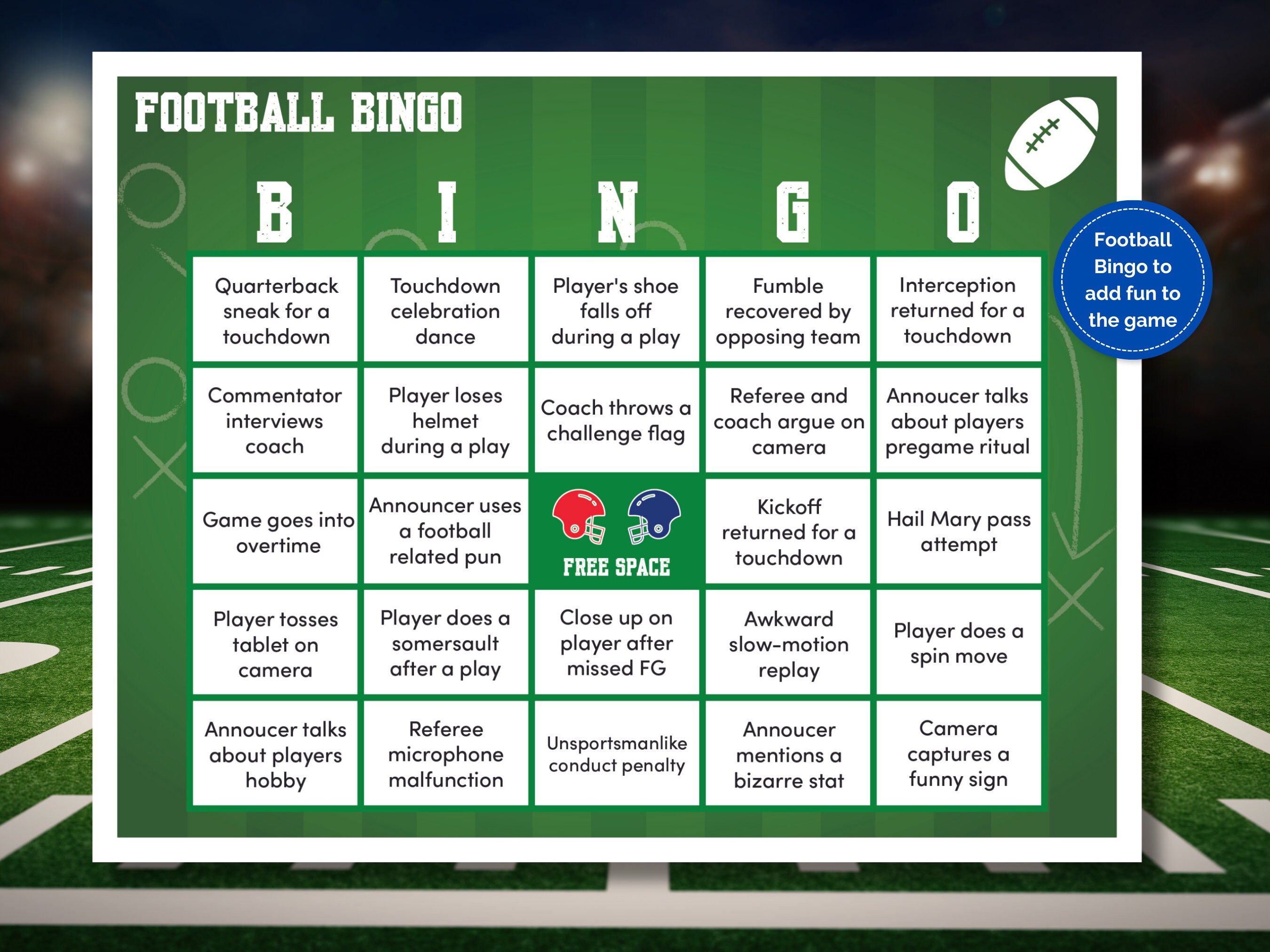 Football Bingo Cards, Big Game Bingo, Printable Football Bingo, Instant ...