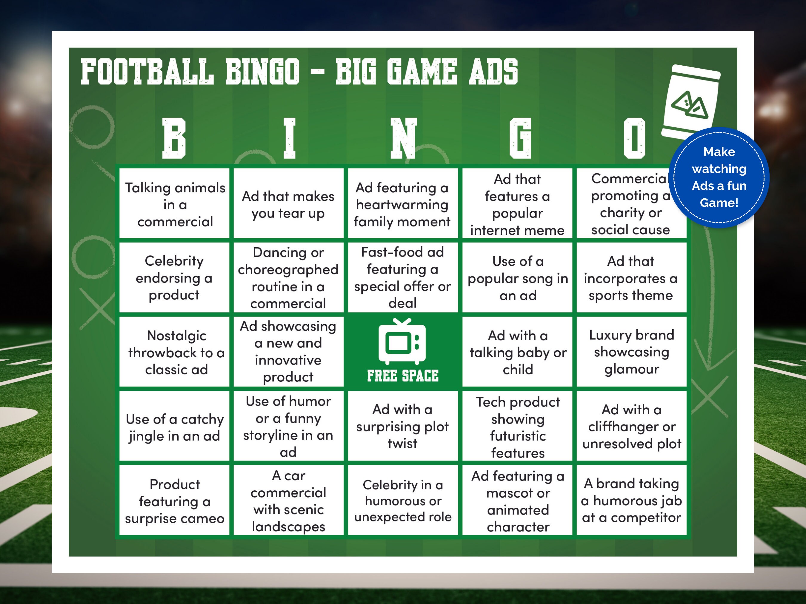 Football Bingo Cards, Big Game Bingo, Printable Football Bingo, Instant ...