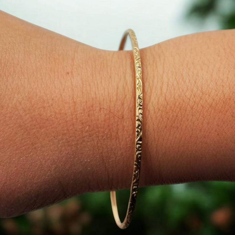14k Gold Moroccan Bangle: Ornate Stacking Bracelet, Israeli Jewelry ...