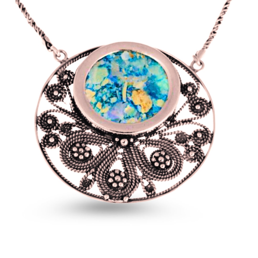 Silver Filigree Necklace With Roman Glass From Israel | Yemenite ...