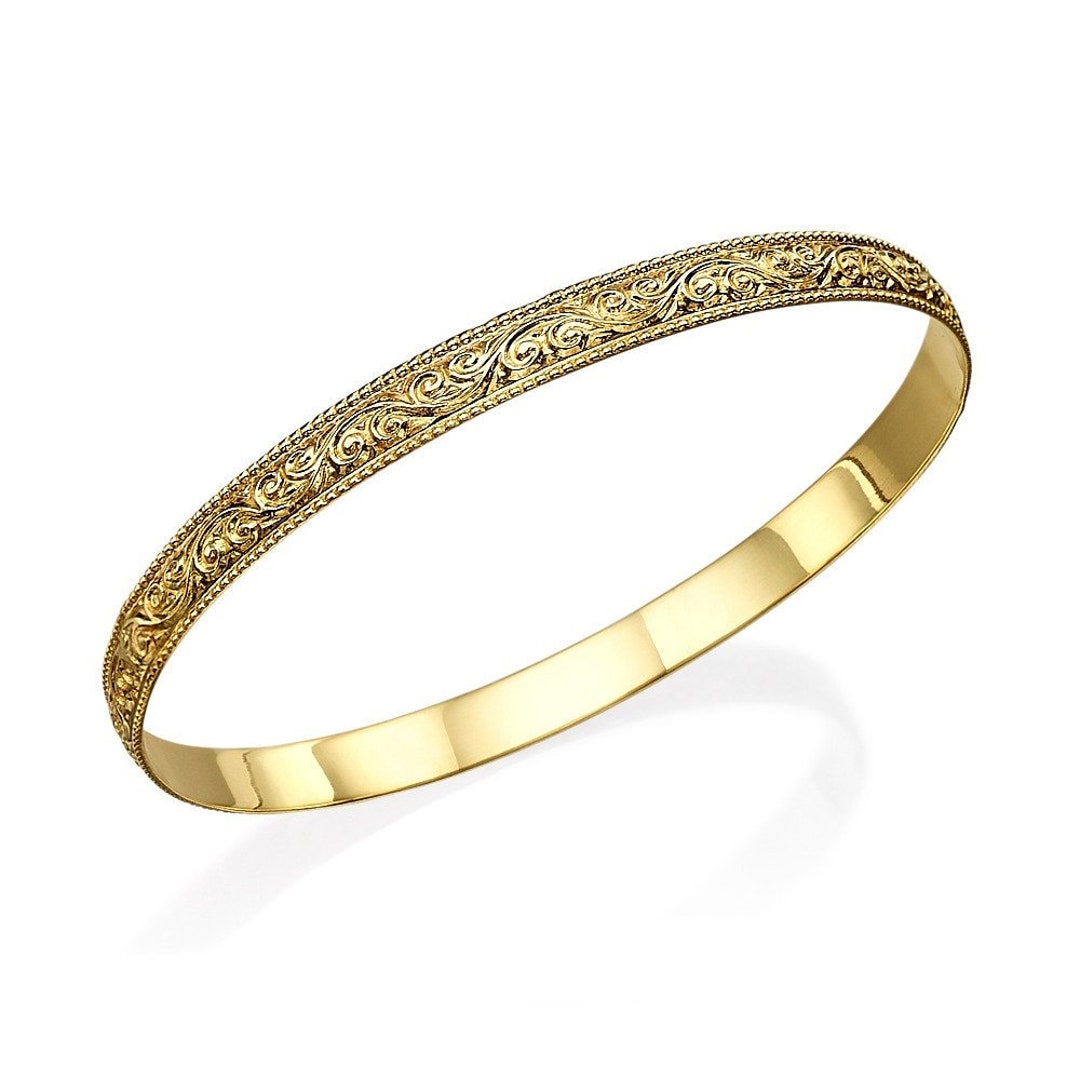 Solid 14k Gold Moroccan Bangle Vintage Milgrain Slip on Bracelet | Gold ...
