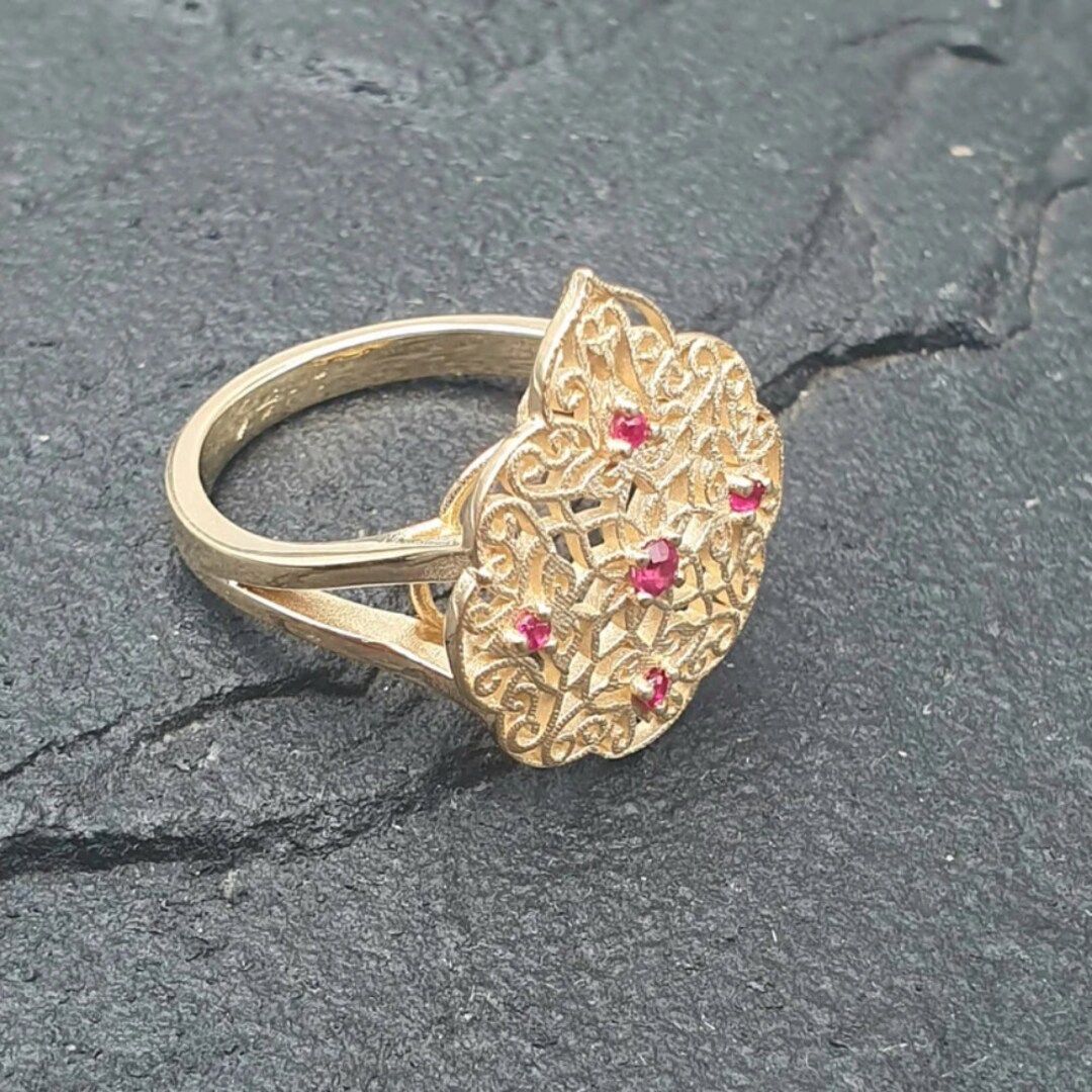 Filigree Ring With Red Rubies 14K Yellow Gold | Handmade Yemenite ...