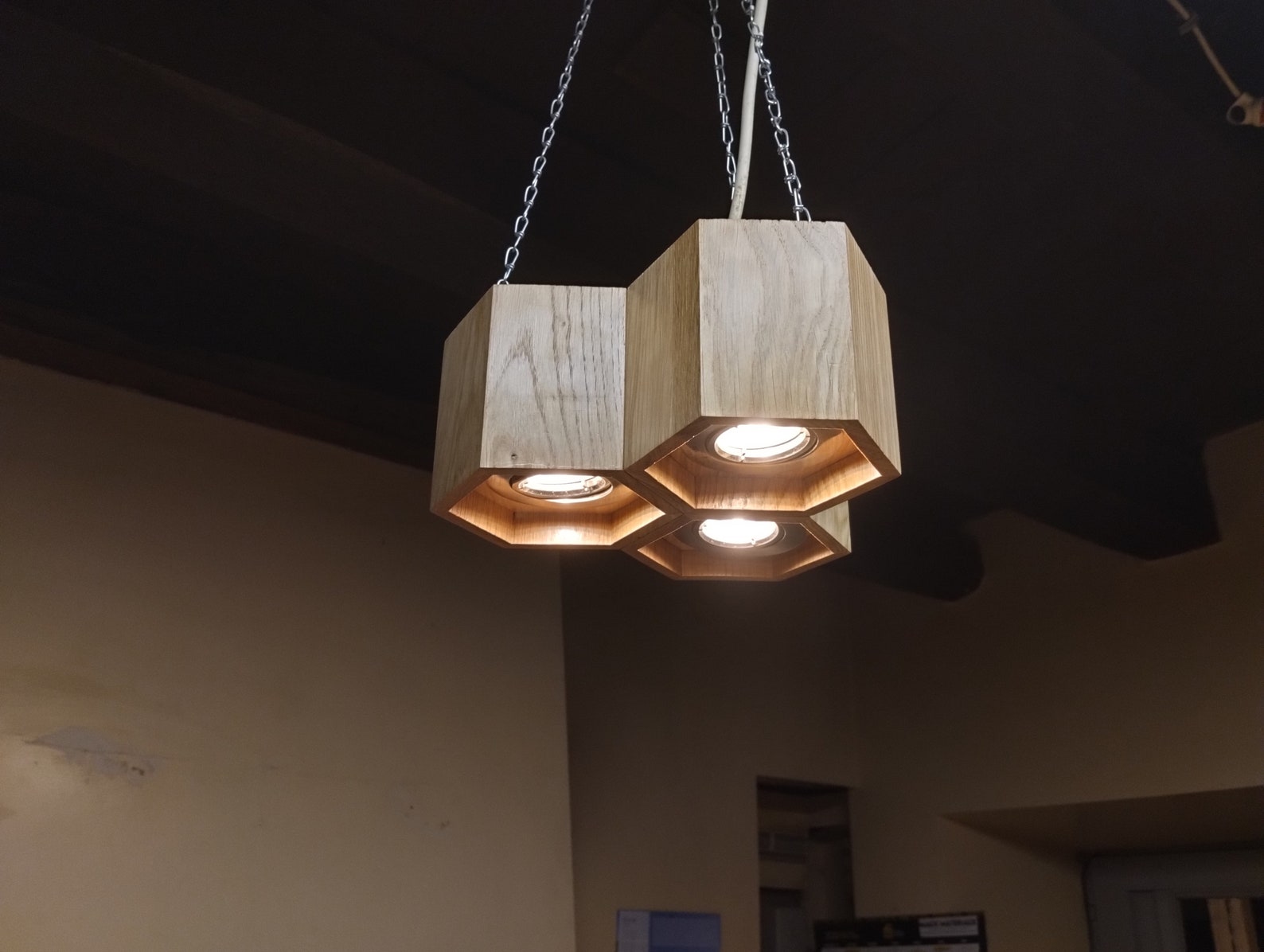 Wooden "beehive" Pendant Light With LED Spots, Ideal for a Dining Room ...
