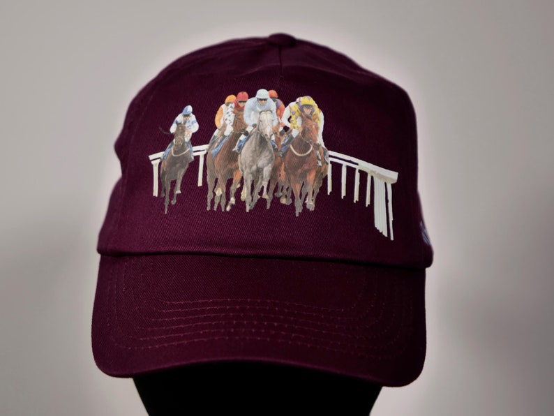 Handsome Horse Racing Hat! Beautiful Burgundy Horse Cap With a Painting ...