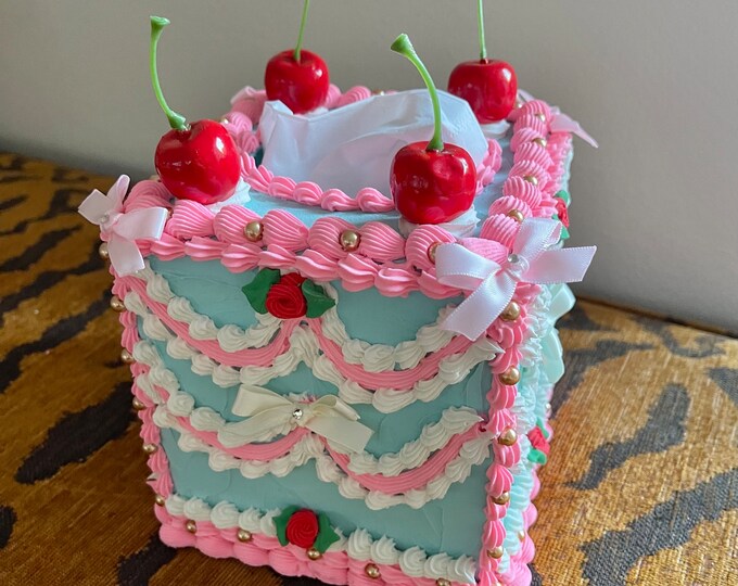 Fake Cake Square Tissue Box Cover Pastel Blue & Pink With Cherries ...