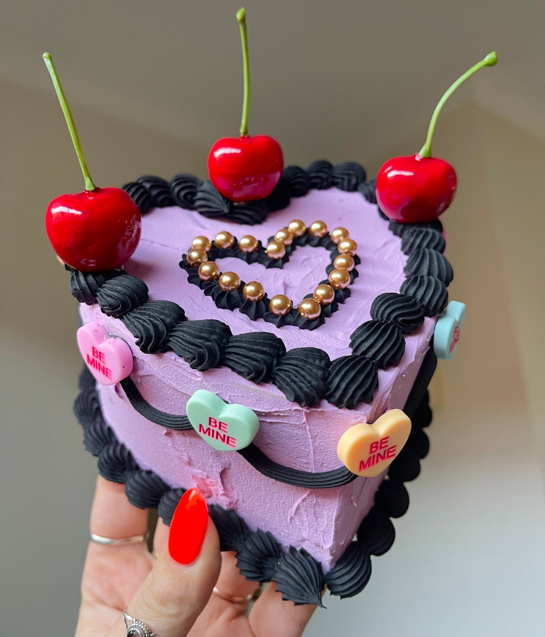 Fake Cake ~ Purple and Black Heart ~ Cherries and Candy Hearts - Etsy