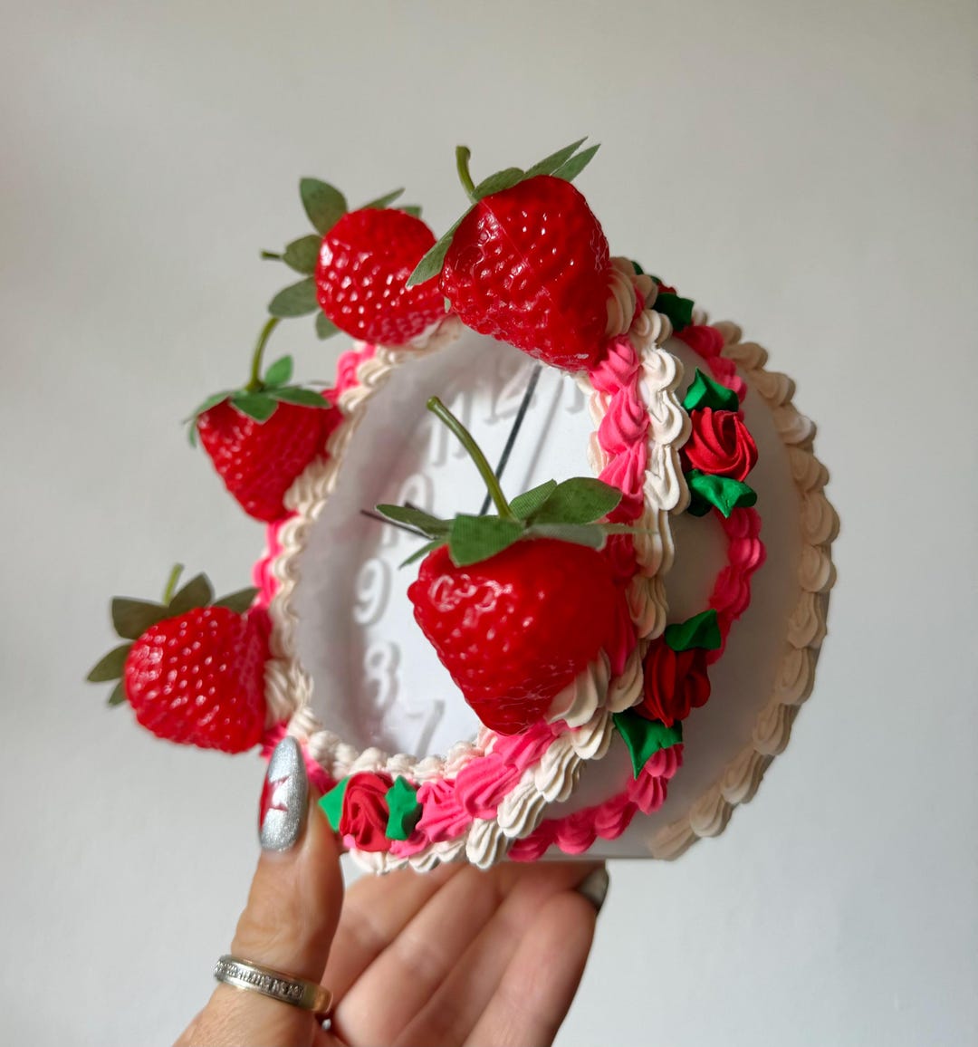 Fake Cake Clock ~ Small ~ Pink & White ~ Roses and Strawberries - Etsy