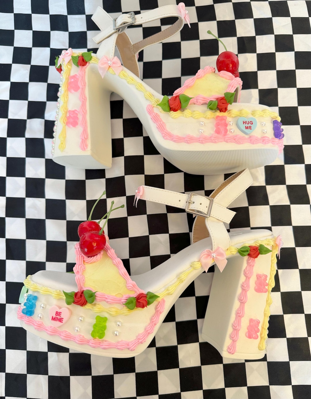 Fake Cake Platform Heels ~ Yellow & Pink With Candy Hearts + Gummy ...