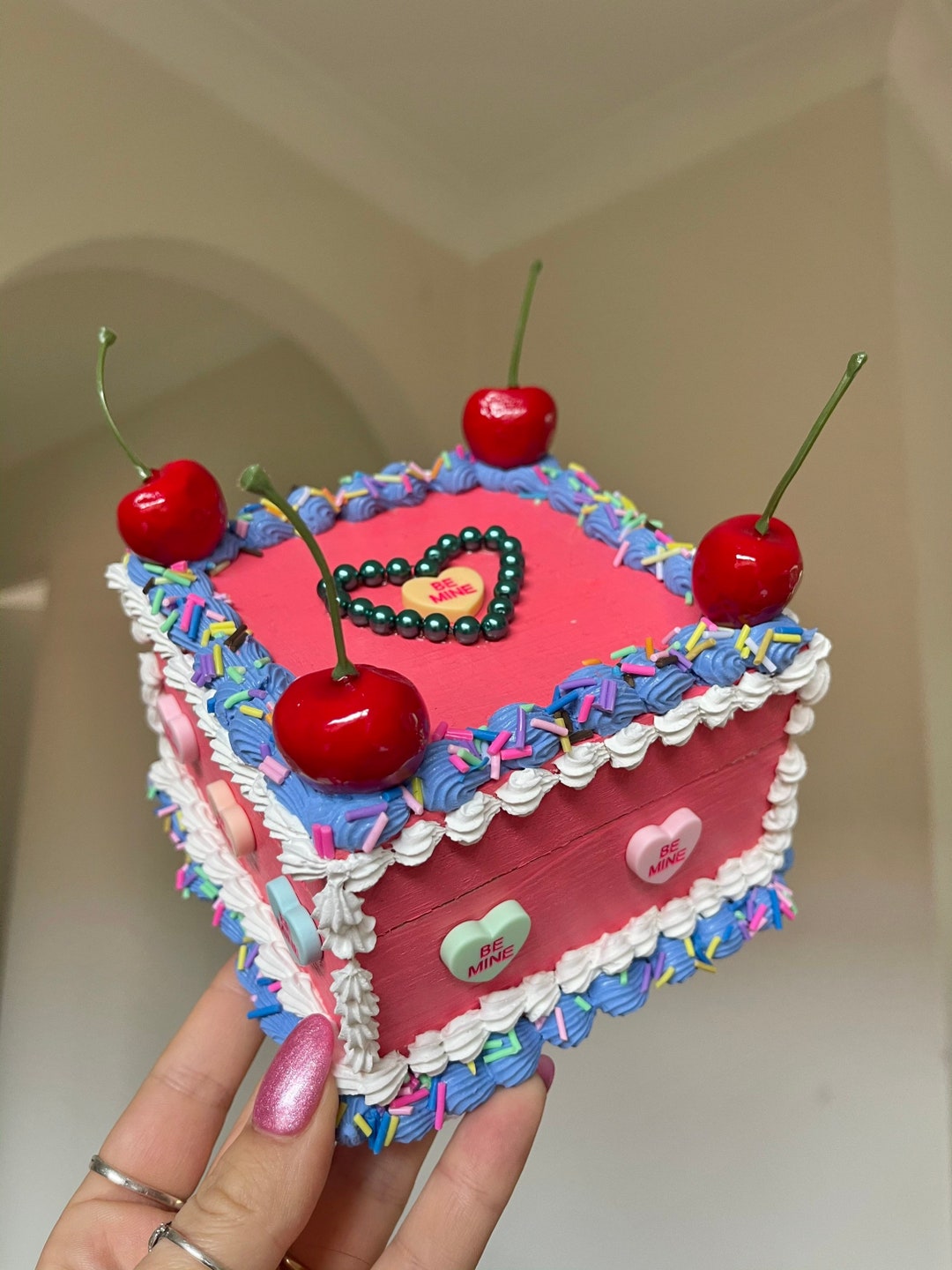 Fake Cake Box ~ Pink, White & Blue ~ With Cherries, Sprinkles and Be ...