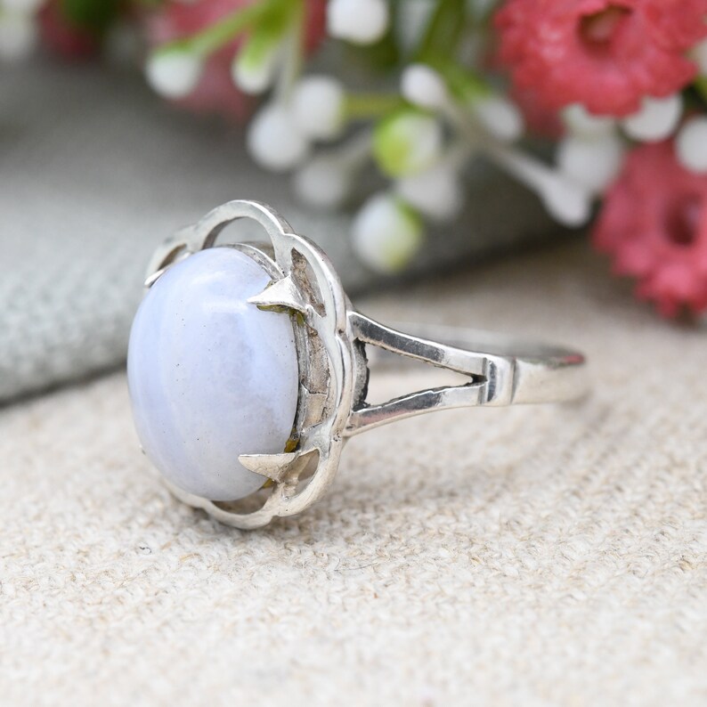 Vintage Sterling Silver Blue Lace Agate Ring - Mid-century Flower Ring ...
