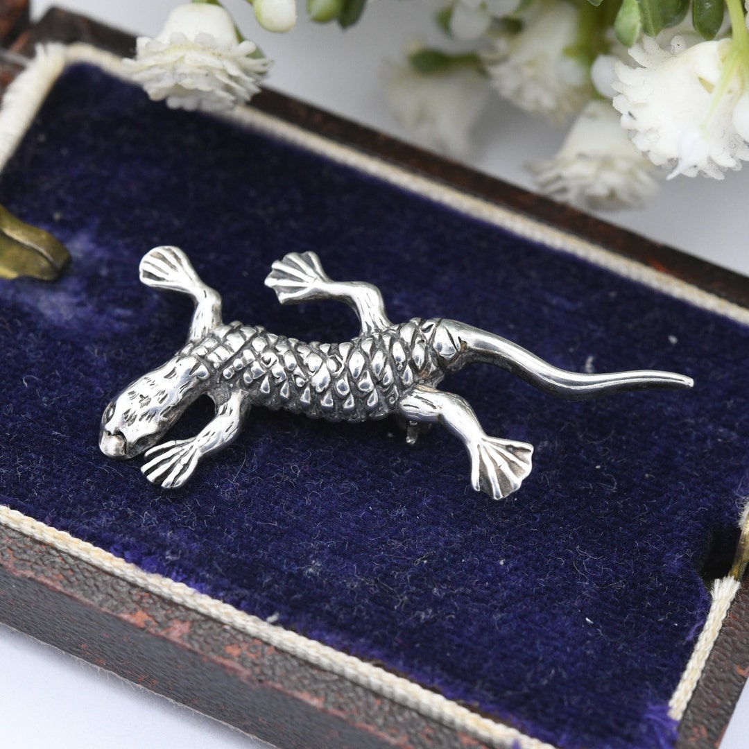 Vintage Sterling Silver Lizard Brooch - Detailed Crawling Gecko ...