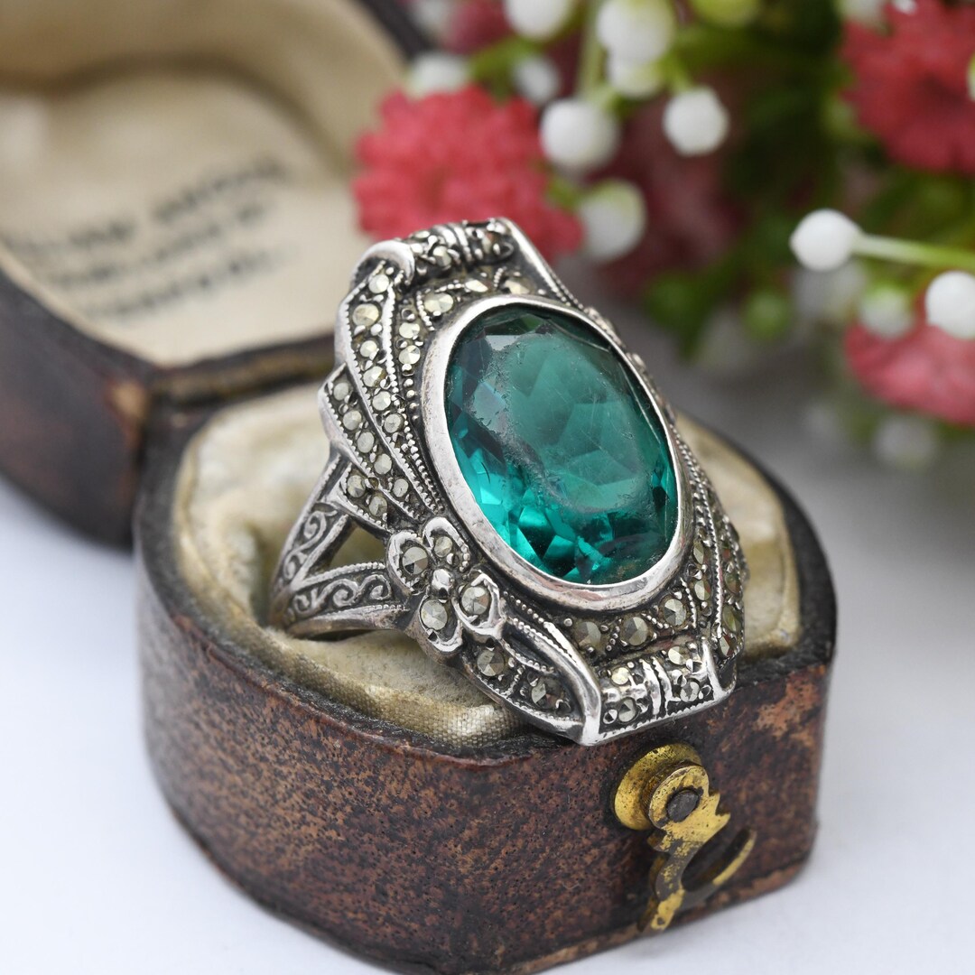 Uncas Art Deco Sterling Silver Plaque Ring Marcasite and Green Paste ...