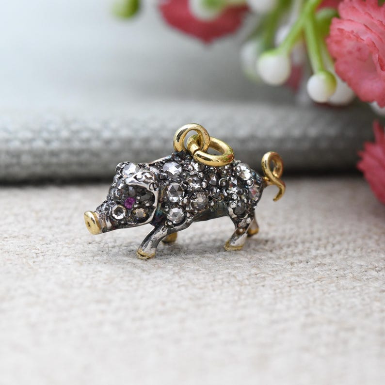 Antique Victorian Diamond and Ruby Pig Pendant Silver and Gold - Rose ...