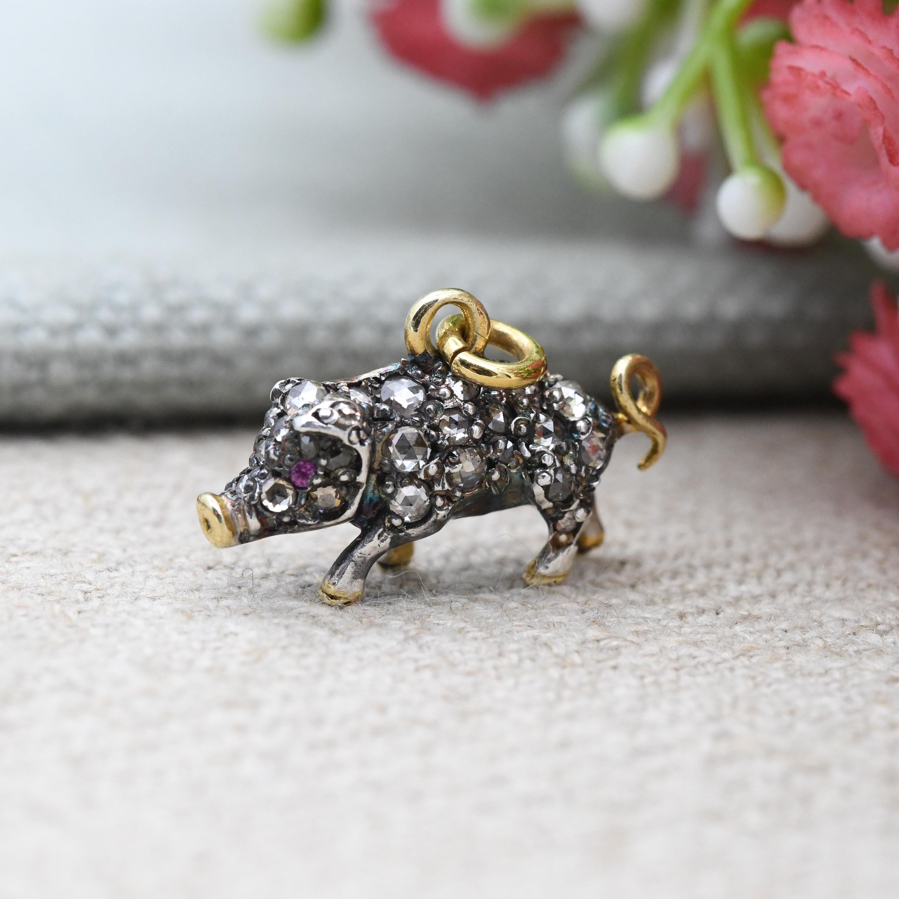 Antique Victorian Diamond and Ruby Pig Pendant Silver and Gold - Rose ...