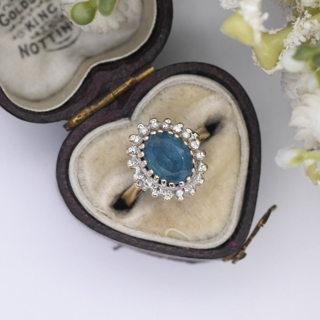 Vintage 9ct Gold Diamond and Blue Stone Cluster Ring 1987 Small Size ...