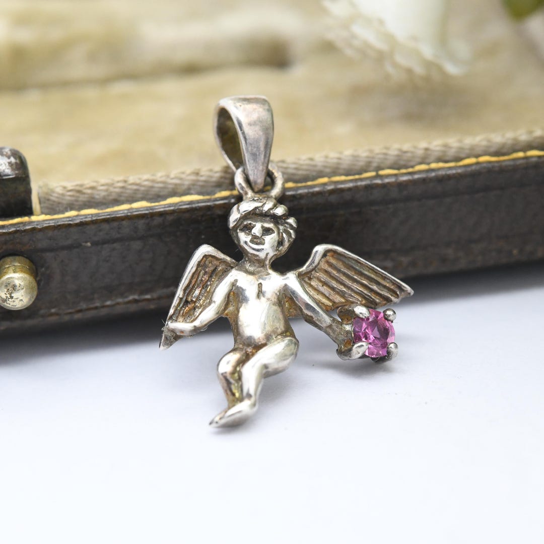 Vintage Sterling Silver Cherub Pendant With Pink Stone - Winged Baby ...
